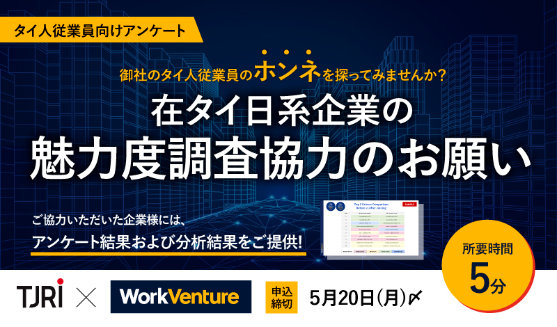 TJRI × WorkVenture｜タイ人従業員から見た在タイ日系企業の魅力度調査協力のお願い - THAIBIZ